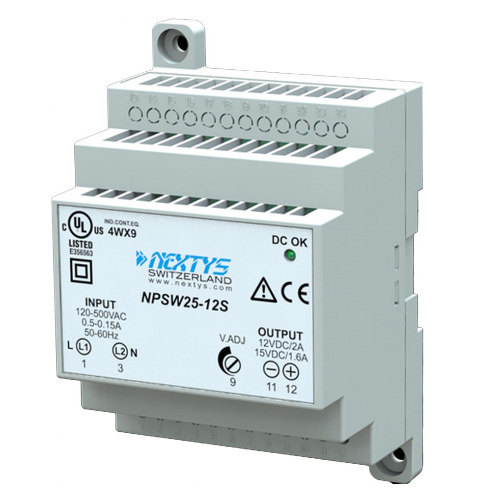 12V 2A DIN Rail Power Supply, 1-2 Phase 90-550V Input | SourceASI.com