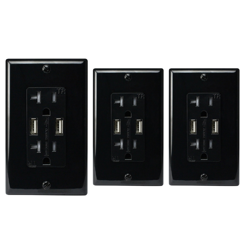 20A Duplex Wall Outlet with 2 USB 3.4A Charging Ports, Black, Includes ...
