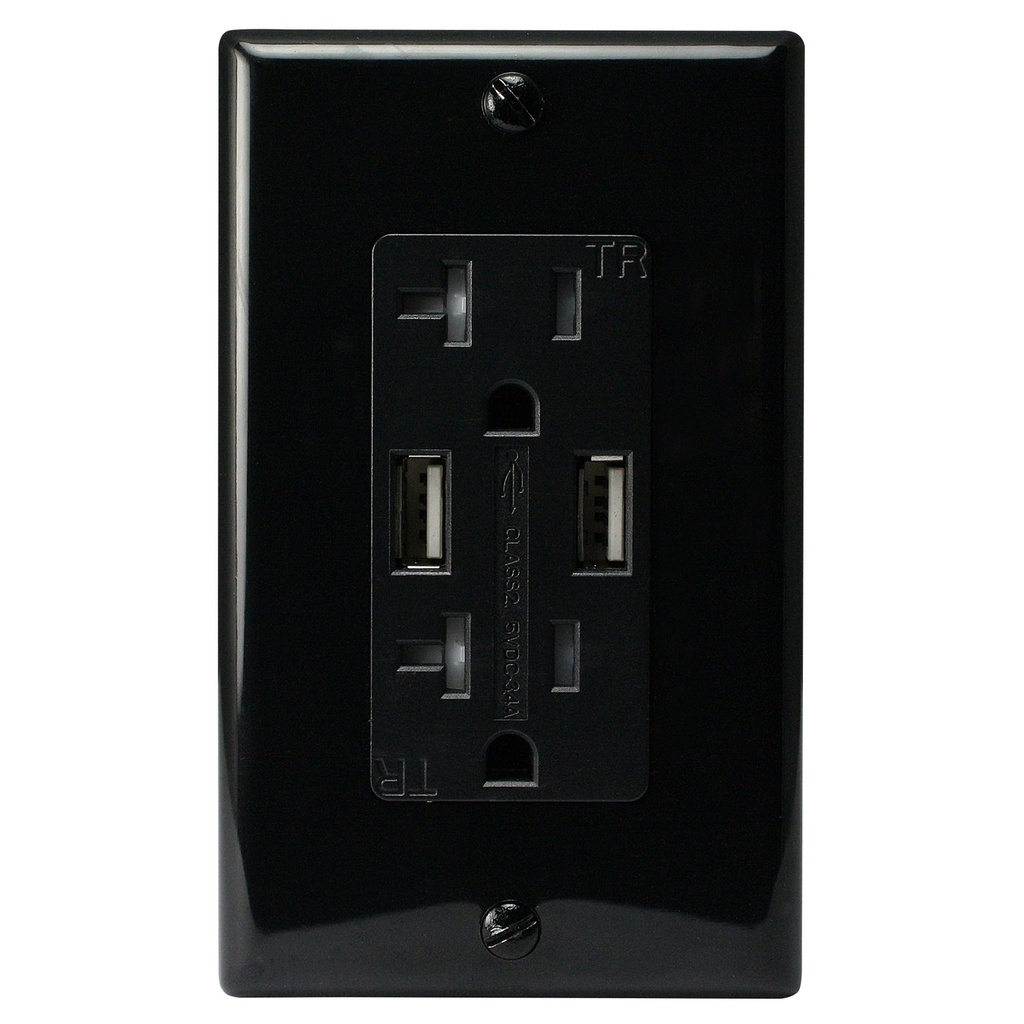 20A Duplex Wall Outlet with 2 USB 3.4A Charging Ports, Bl ...