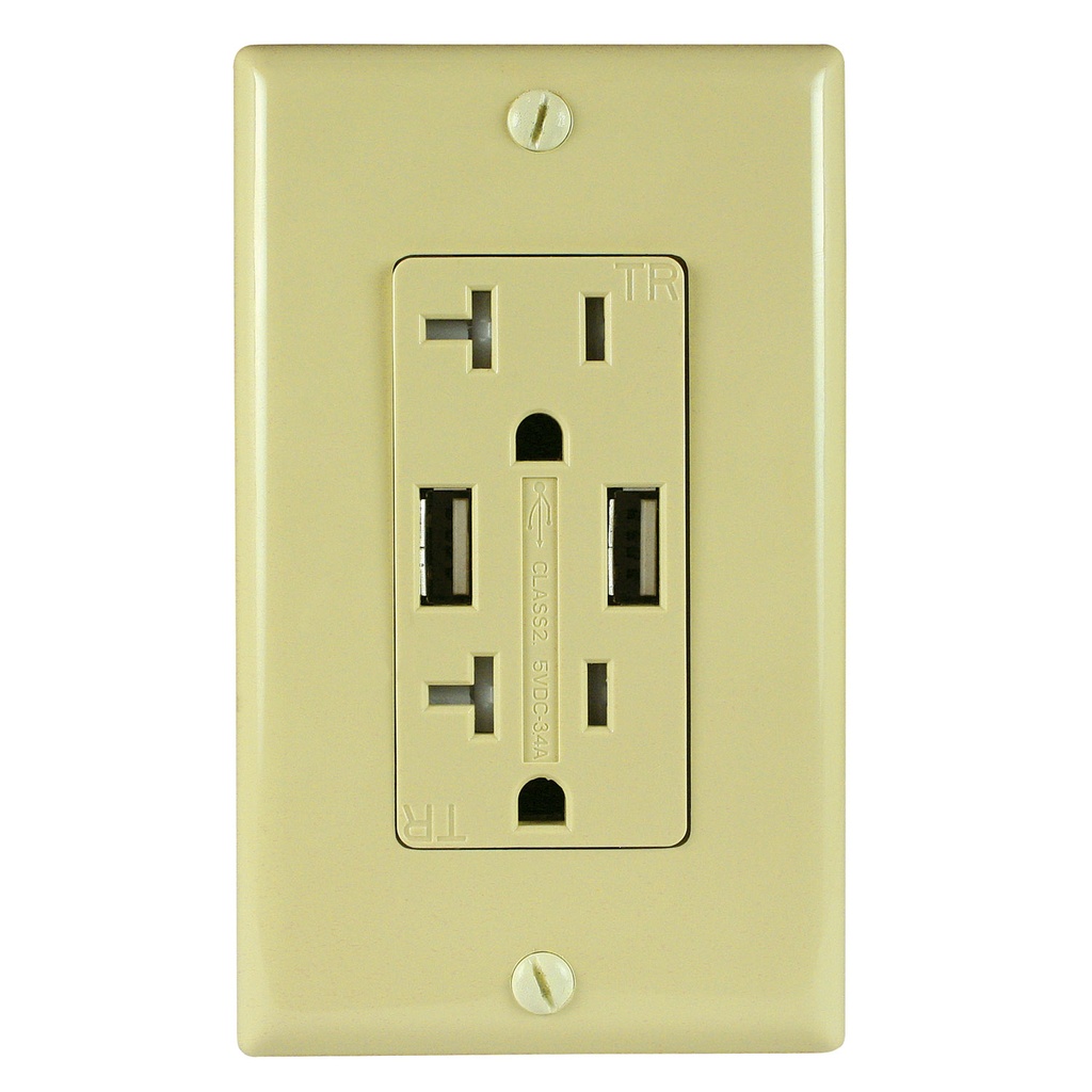 20A Duplex Wall Outlet with 2 USB 3.4A Charging Ports, Iv ...