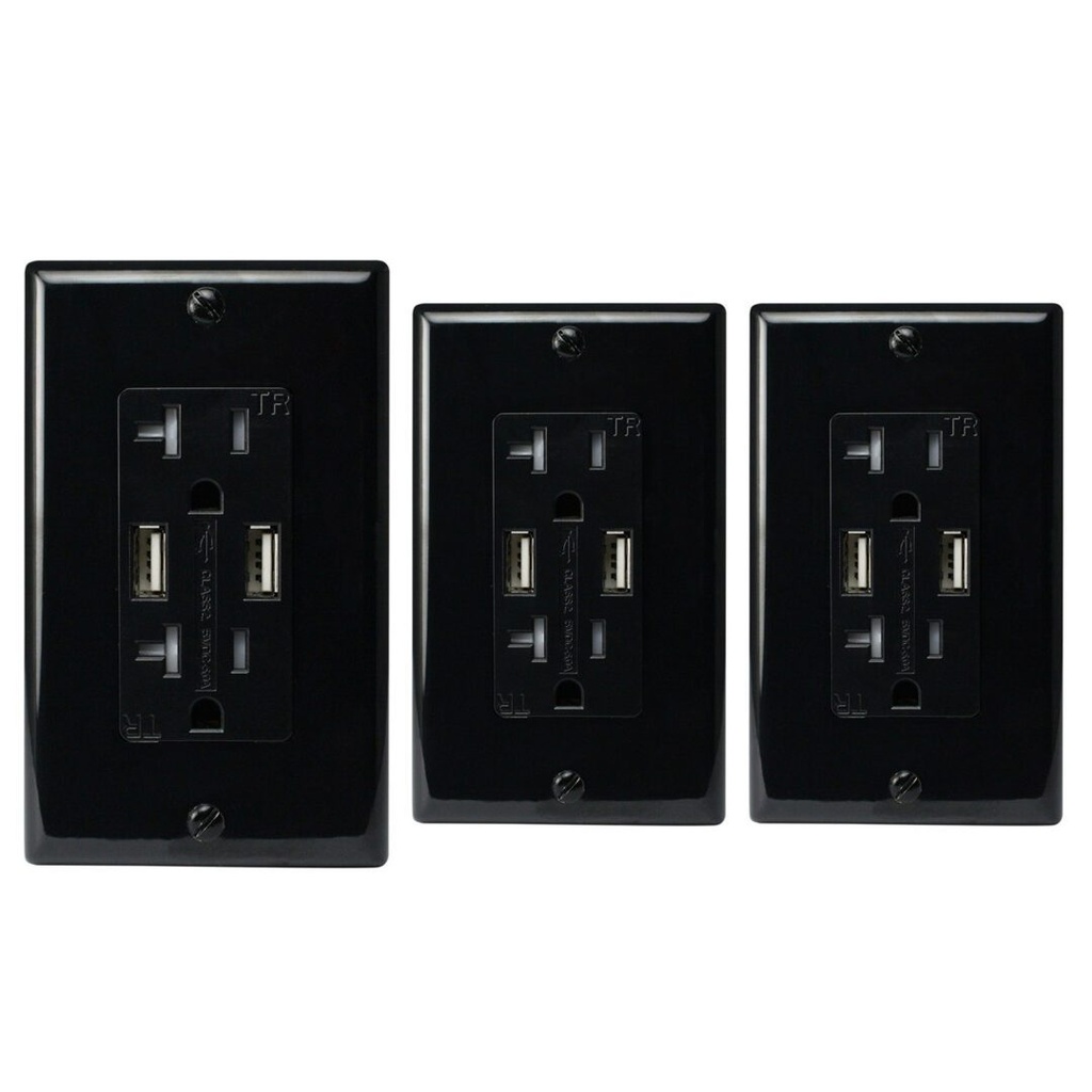 20A Duplex Wall Outlet with 2 USB 5A Charging Ports, Black, Includes ...
