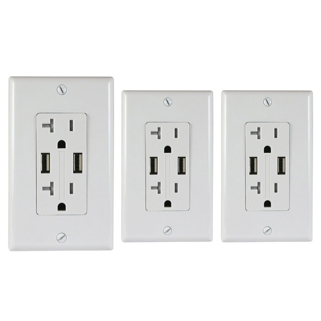 20A Duplex Wall Outlet with 2 USB Charging Ports, White, Includes Wall ...