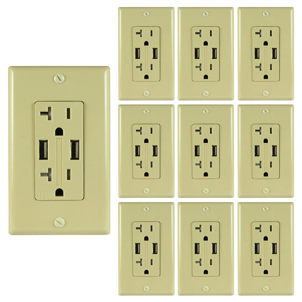 20A Duplex Wall Outlet with 2 USB 5A Charging Ports, Ivory, Includes ...